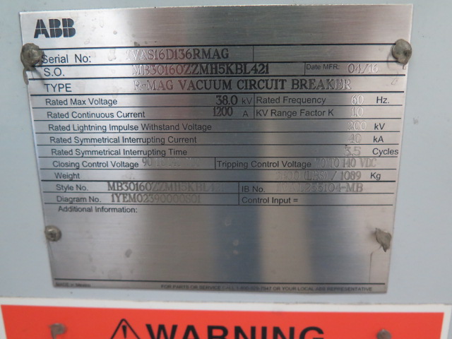 2016 ABB Type R-MAG Vacuum Circuit Breaker SO MB30160ZZMH5KBL421 w/ 38 ...