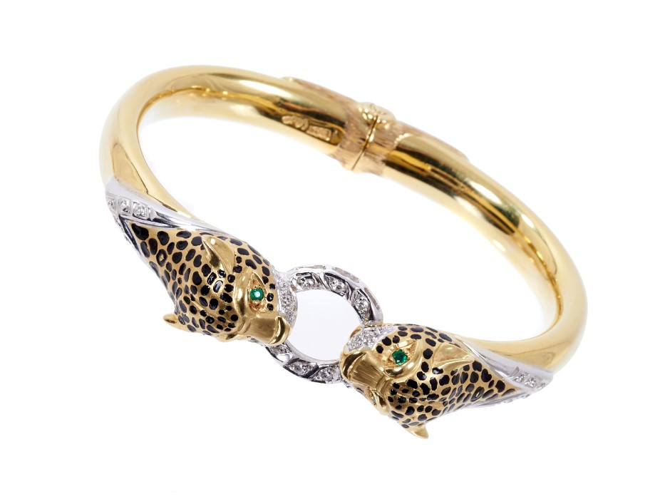 Cartier-style 18ct gold Leopard bangle with a diamond circle clasped by ...