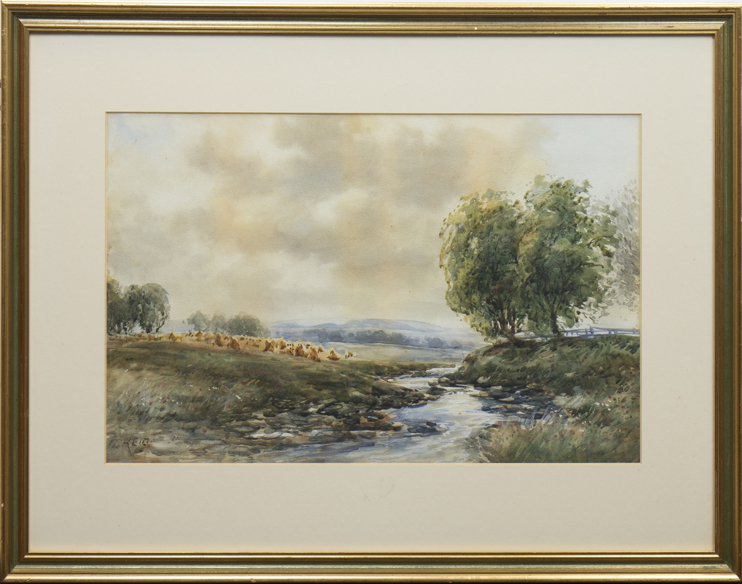 GEORGE REID (SCOTTISH 1841 - 1913), RIVERSIDE SCENE WITH HAYSTACKS ...