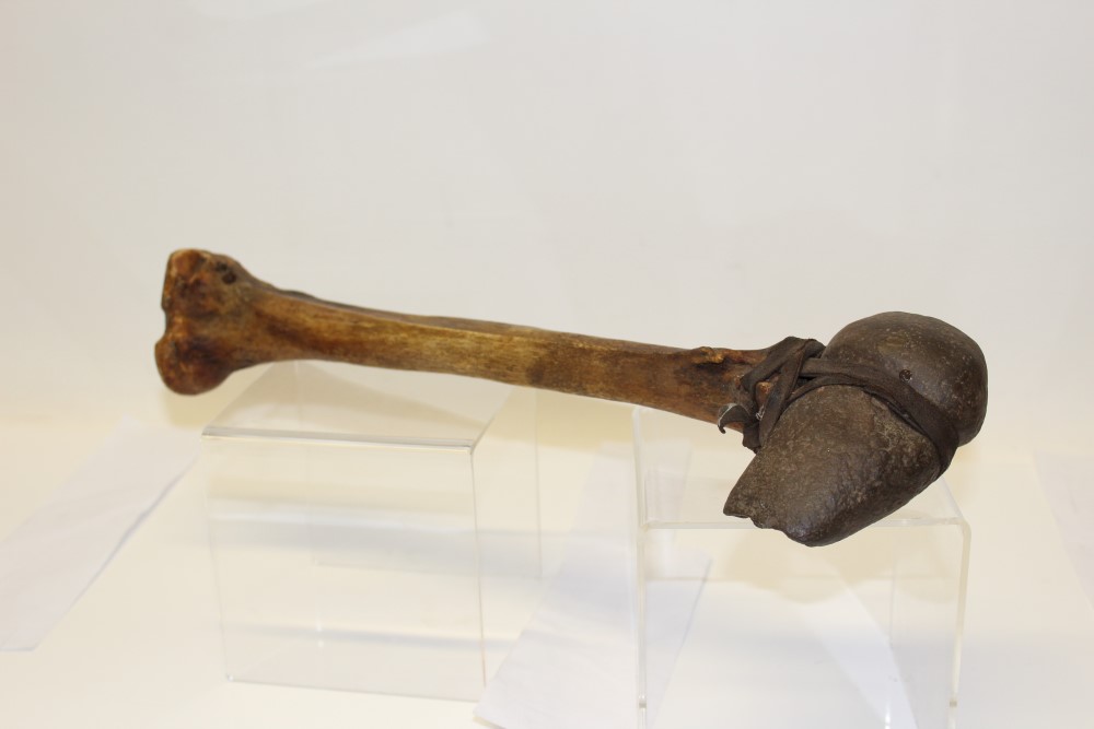 Native American stone axe with bone handle