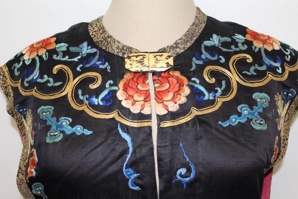 Good 19th century Chinese long silk tabard - black ground finely ...