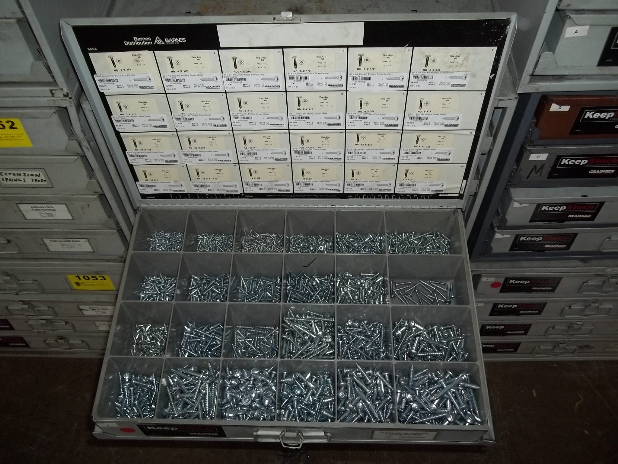 GRAINGER KEEPSTOCK 4-DRAWER STEEL STORAGE CABINET W/CONTENTS: SCREWS ...