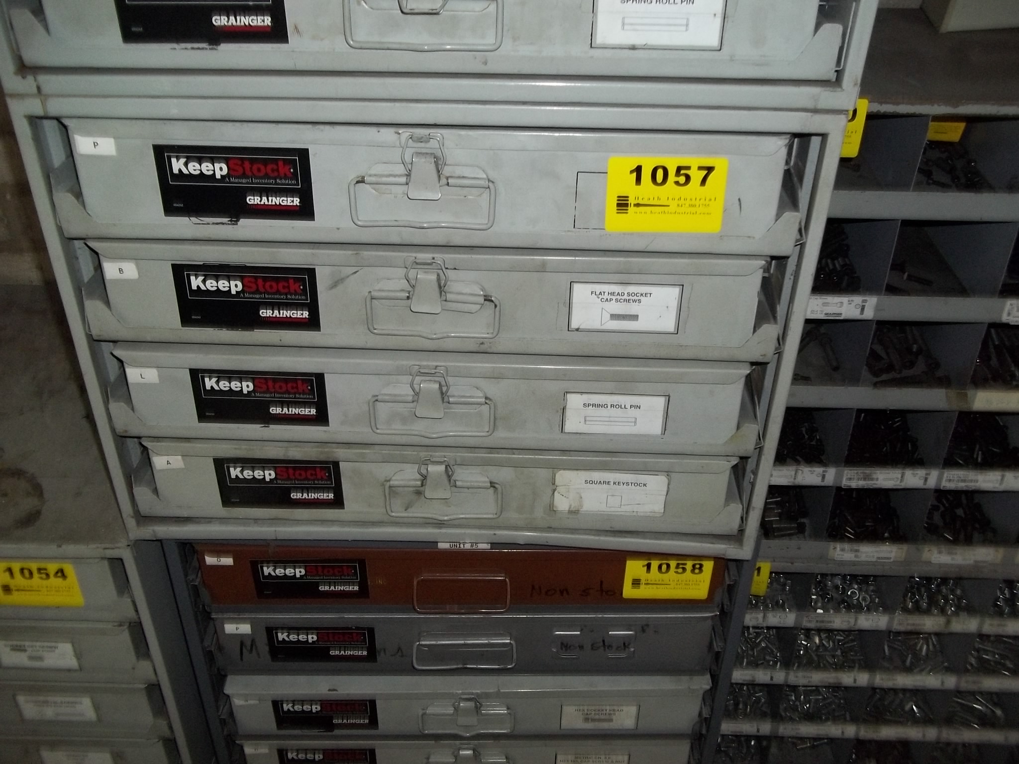 GRAINGER KEEPSTOCK 4-DRAWER STEEL STORAGE CABINET W/CONTENTS: ROLL PINS ...