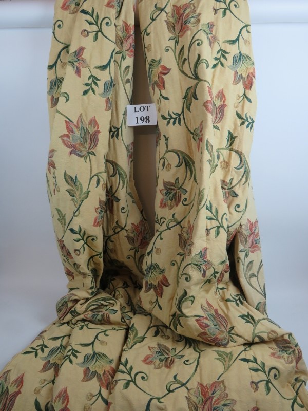 A pair of good quality lined curtains, medieval-style floral and ...