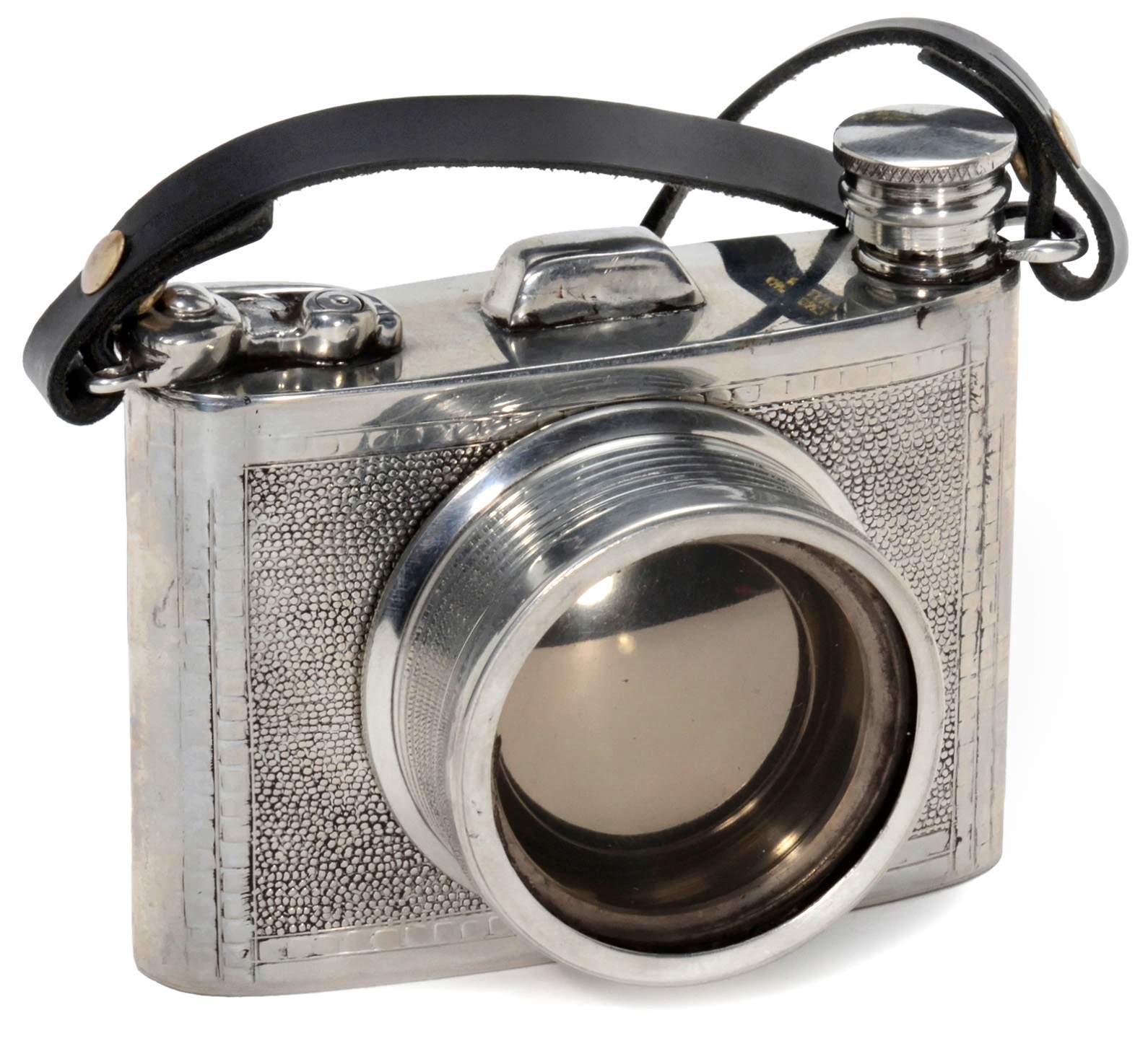 Camera Flask Made in England, Sheffield. Silver-plated flask in form of ...