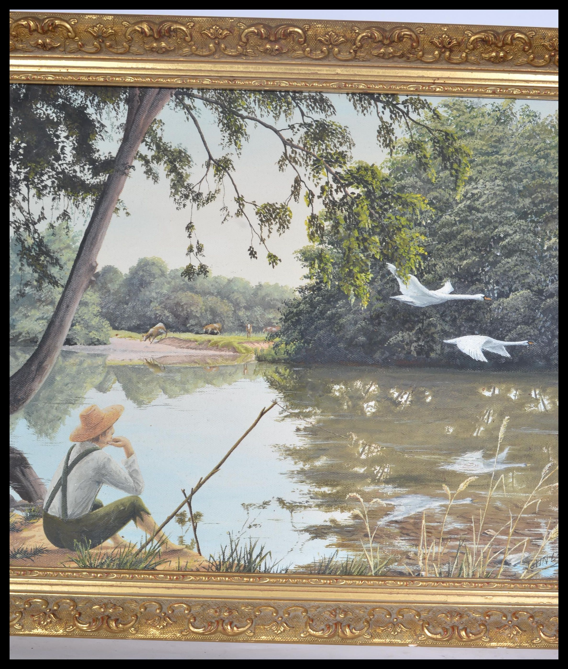A framed oil on canvas oil painting of a fisherman sat around a pond ...