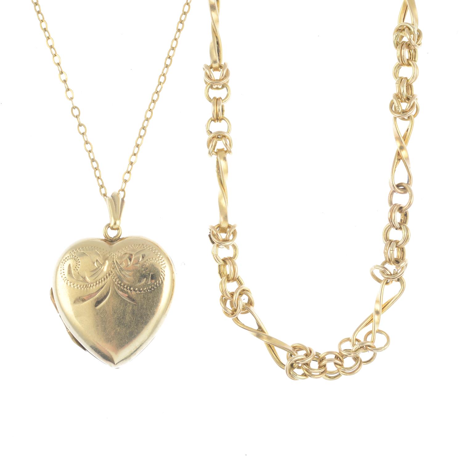 A 9ct gold locket, and two chains. The 9ct gold locket, of heart-shape ...