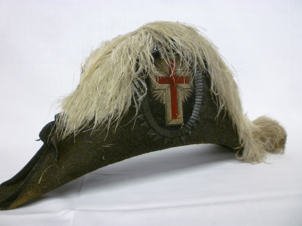 An American black fur bicorn hat with embroidered wire cross decoration ...