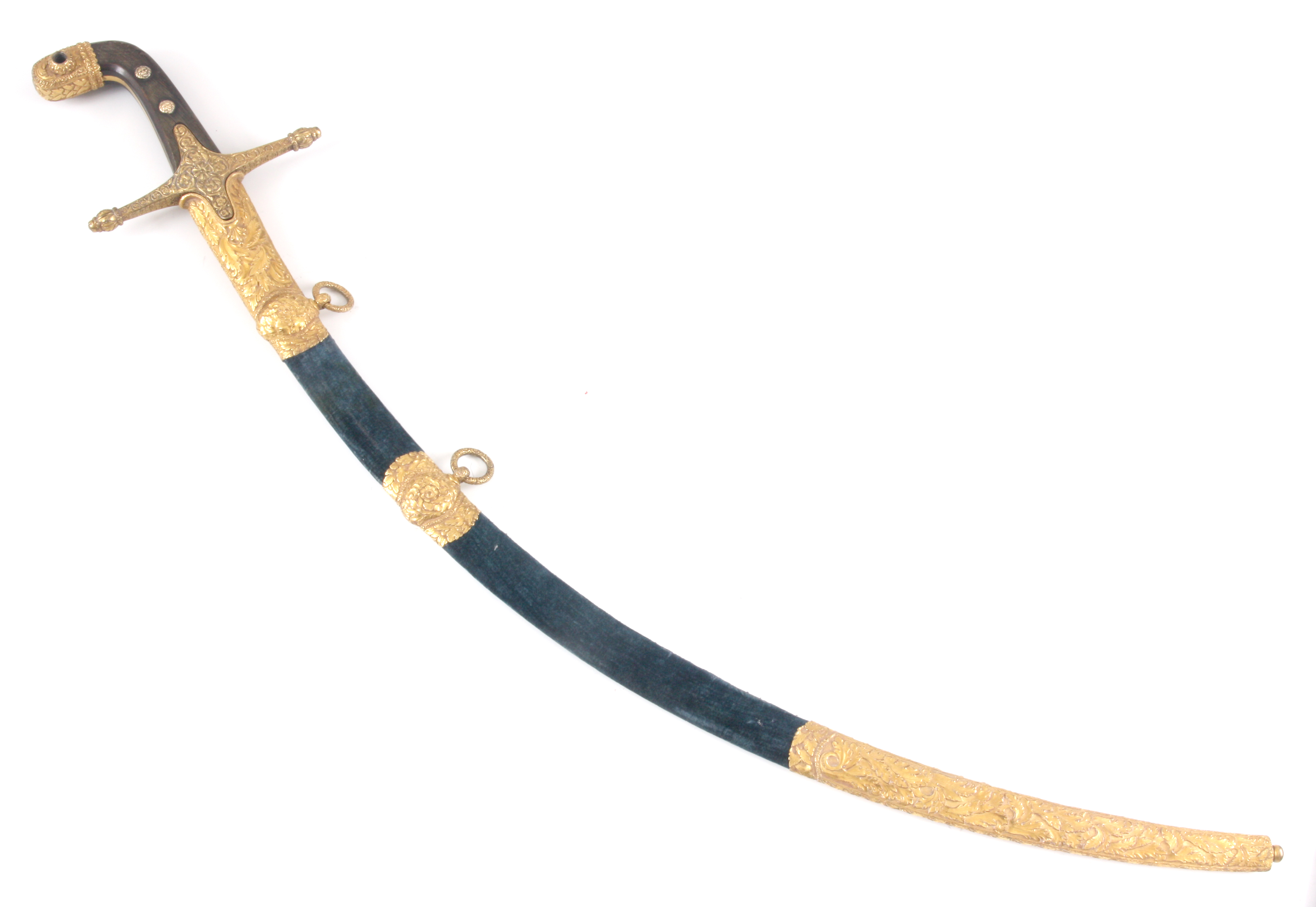 A 19th CENTURY GILT MOUNTED EASTERN SHAMSHIR SWORD with curved steel ...