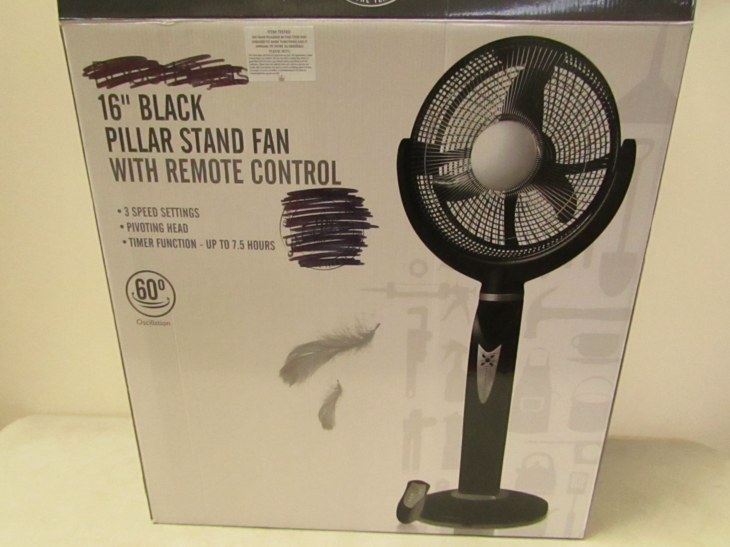 16" Black pillar stand fan, tested working and boxed.