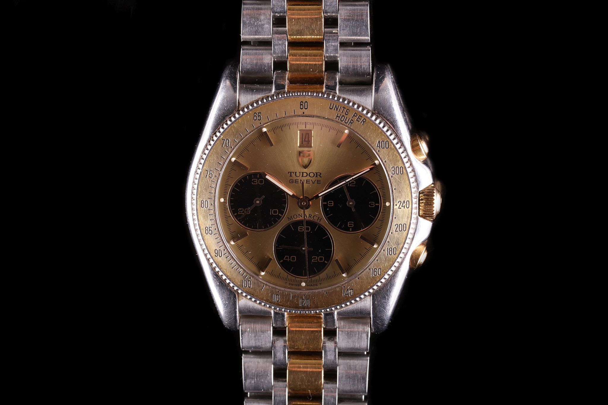 GENTS 'TUDOR-MONARCH CHRONOGRAPH' WRISTWATCH. A gents two-tone ...