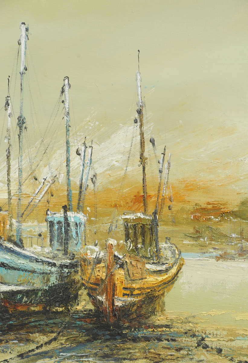 BEN MAILE (British 20th Century) A PAINTING, "Boats in a Harbor," oil ...