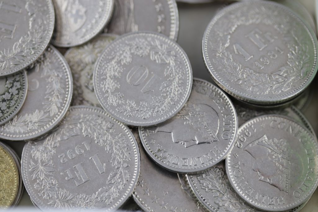 Collection of mixed vintage Swiss coins, approximately 38 Francs in total