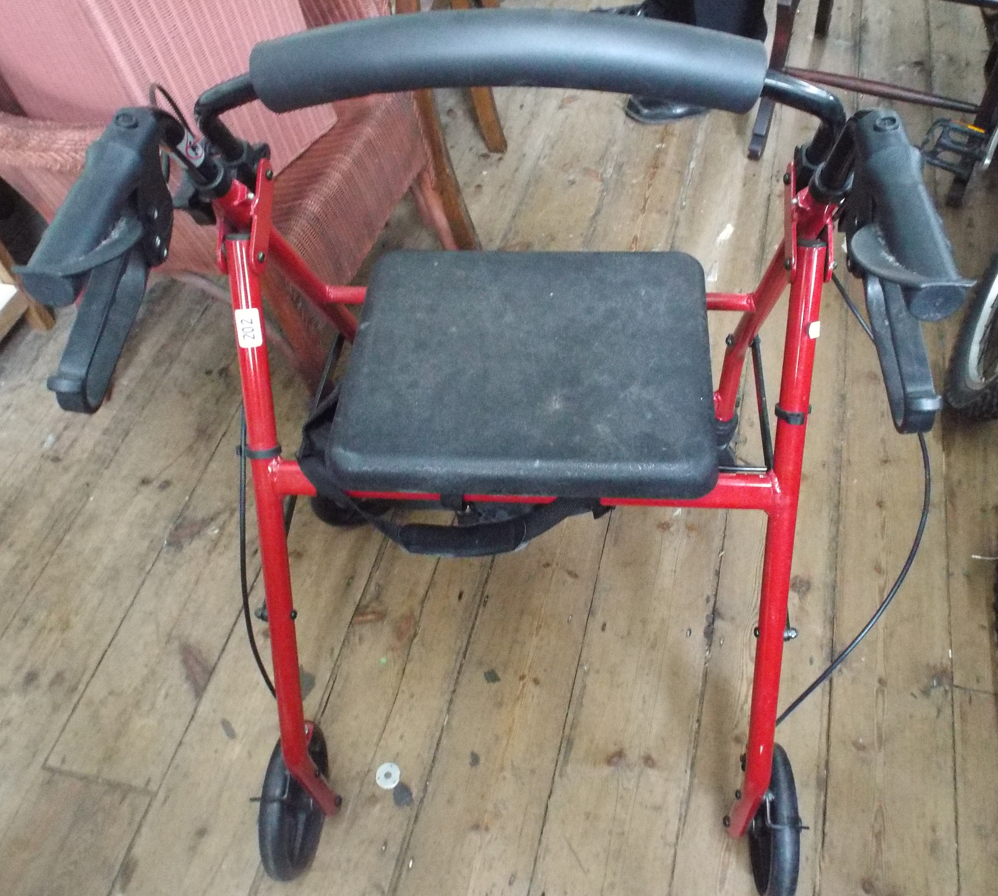 Four-wheel zimmer frame with brakes, seat, basket etc