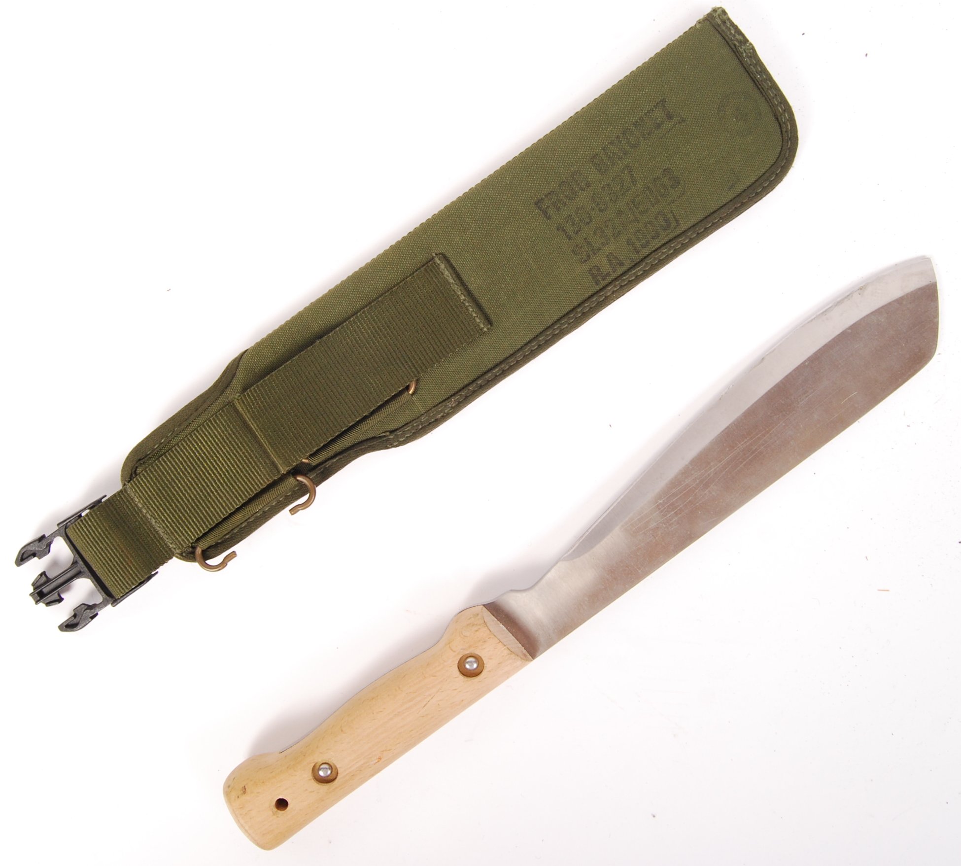 A contemporary military issue wooden handled machete and khaki military ...