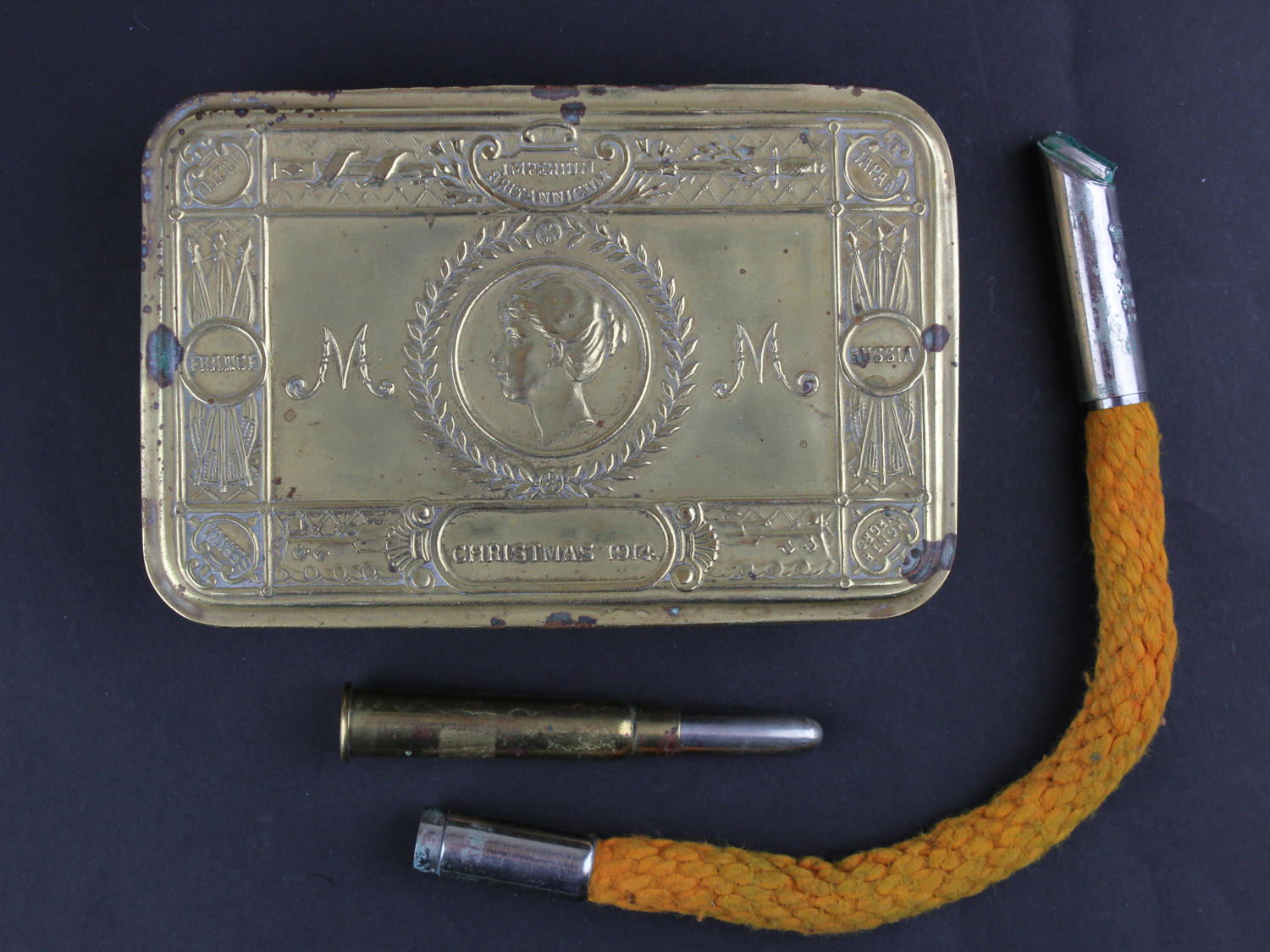 WW1 Princess Mary Tin with Bullet Pencil, Tobacco wrapper, and ...
