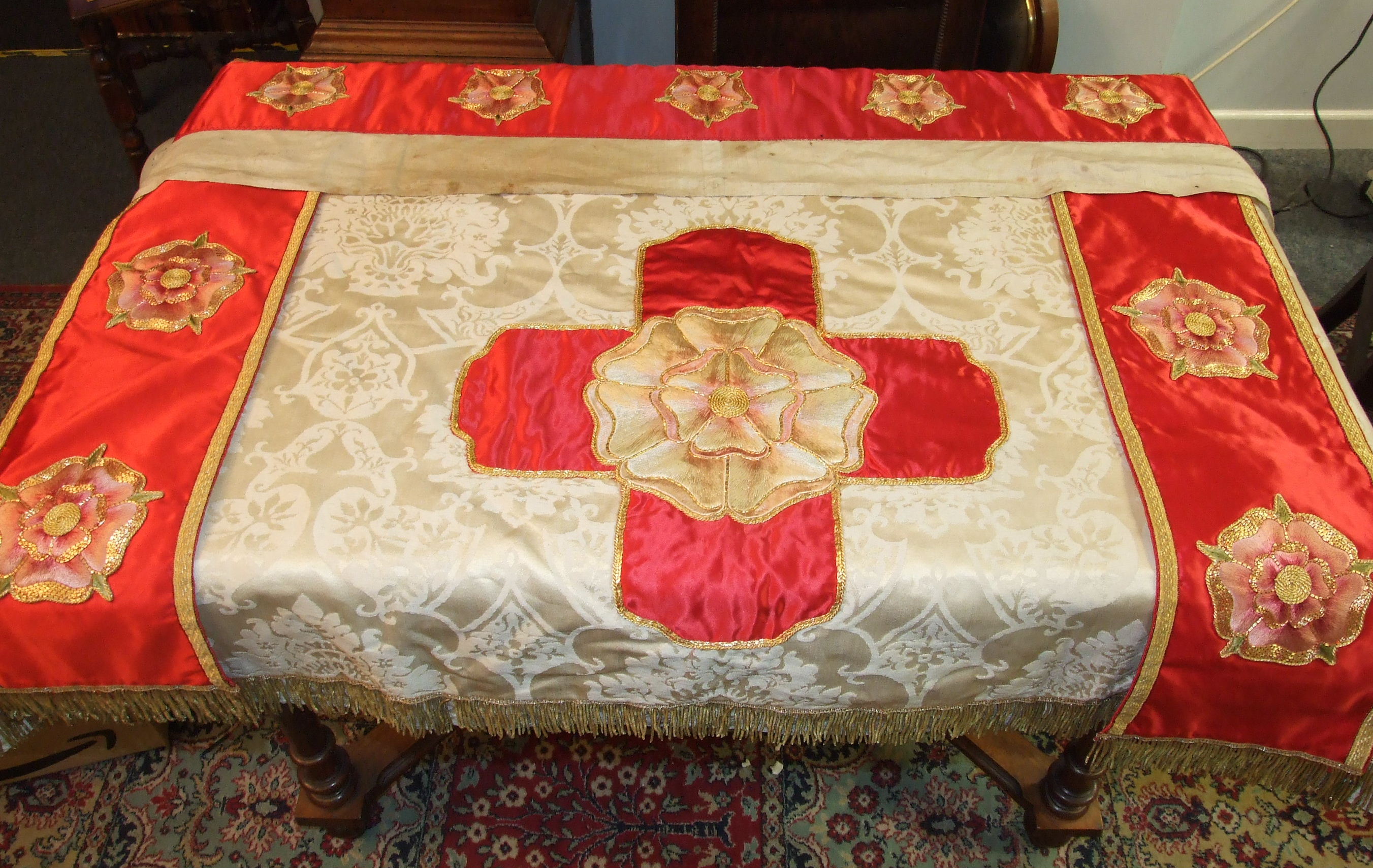 An embroidered Rose Croix Masonic Red Room altar cloth, 140 x 83cm and ...