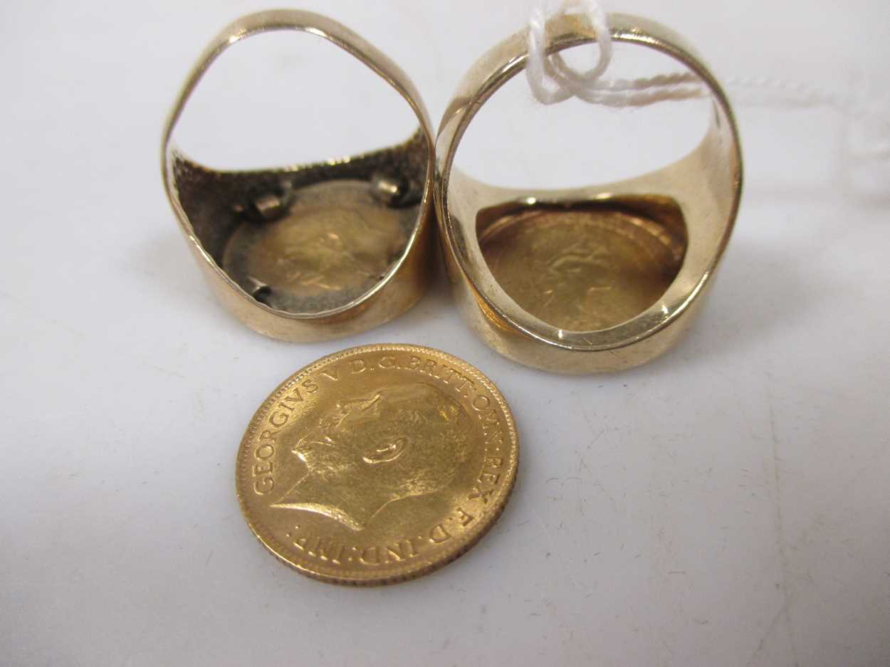 Two 9ct ring mounts each with a half sovereign, together with a loose ...