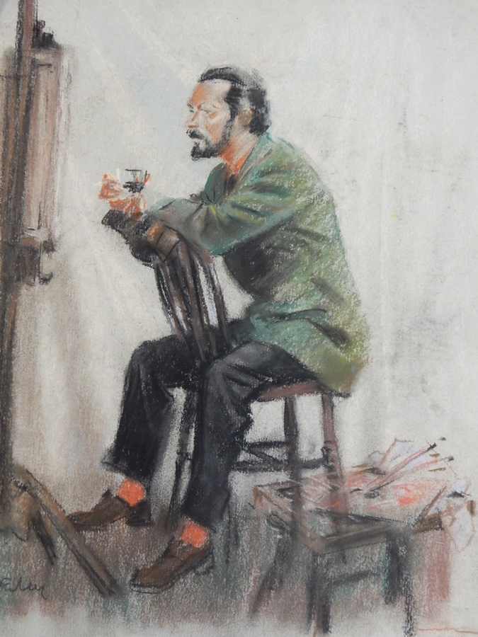 Harry Riley (1895 -1966) Pastel drawing Artist seated, surveying easel ...