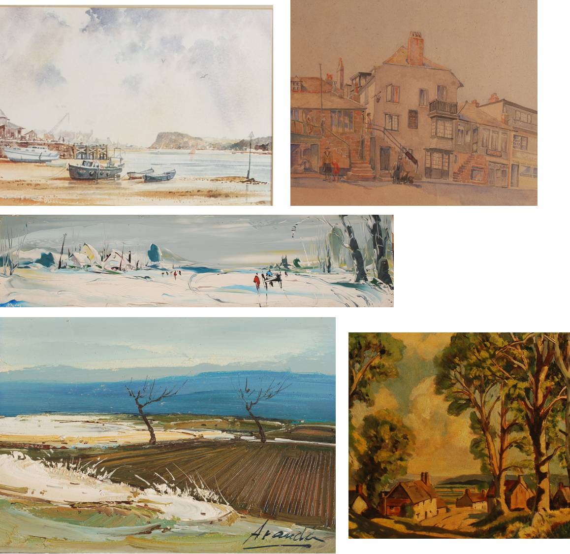 DAVID DEAKINS A Winter Landscape oil on board Signed 30 x 121 cm Plus 4 ...