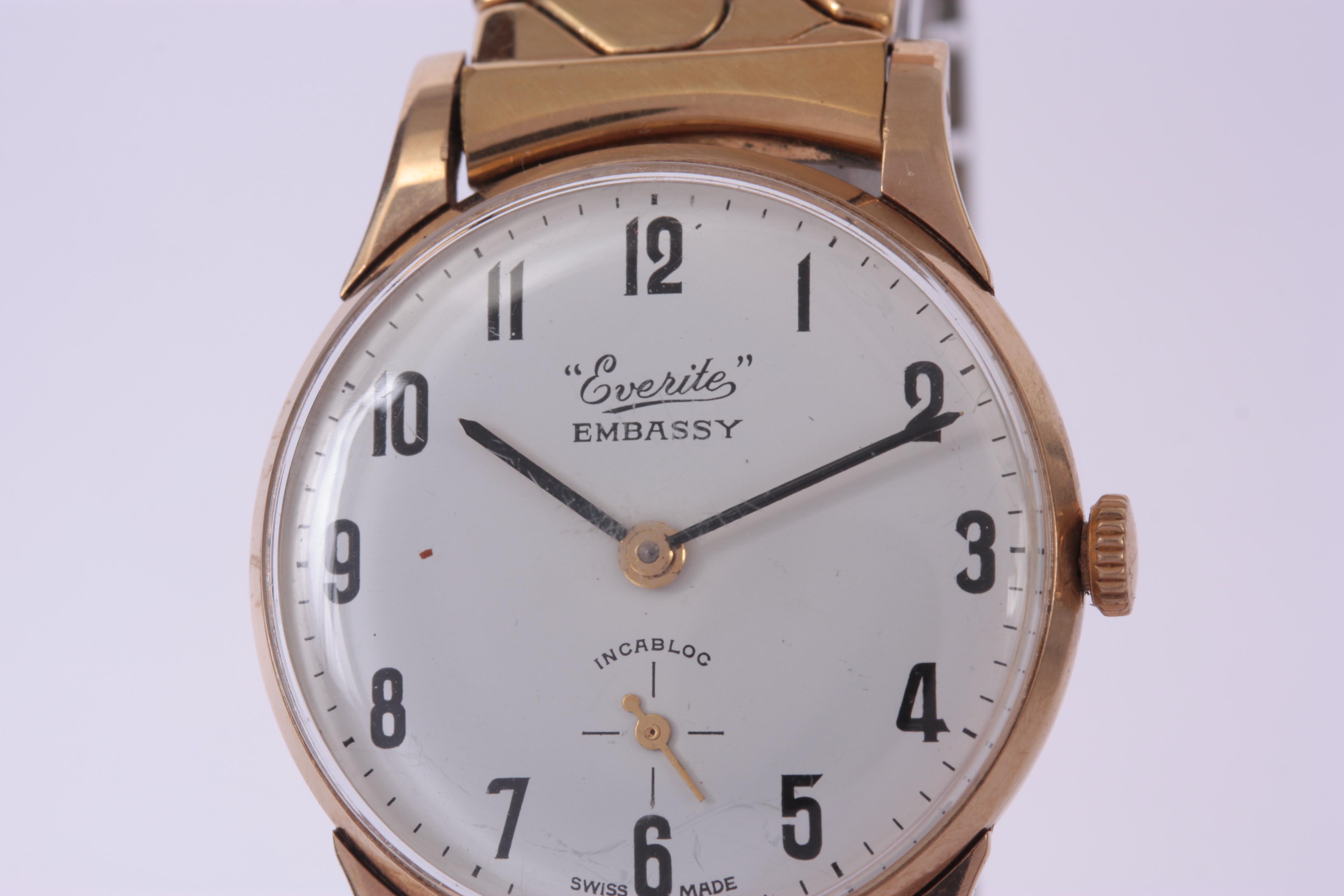 A GENTLEMAN'S 9K GOLD EVERITE EMBASSY INCABLOC WRIST WATCH on gold ...