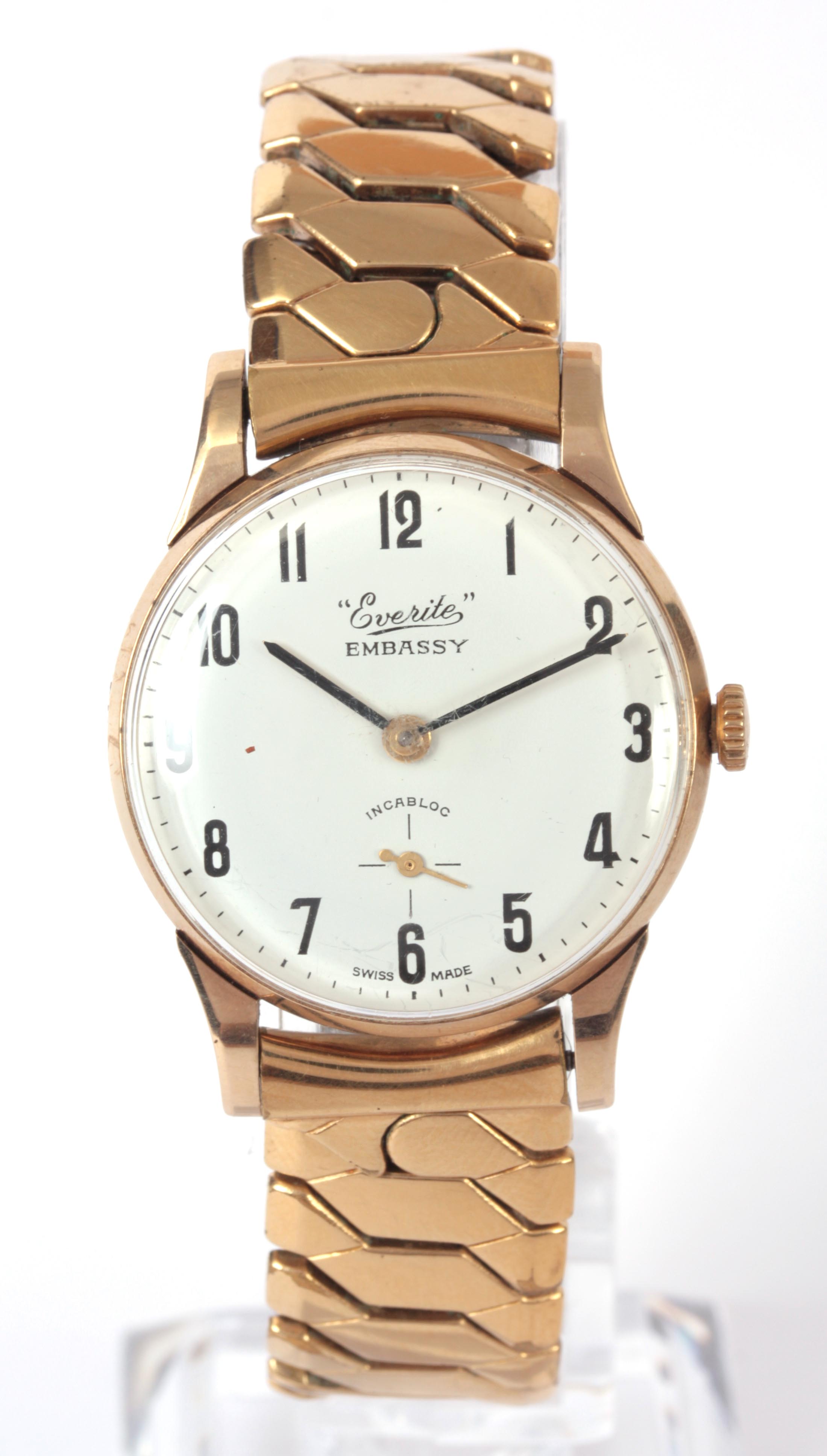 A GENTLEMAN'S 9K GOLD EVERITE EMBASSY INCABLOC WRIST WATCH on gold ...