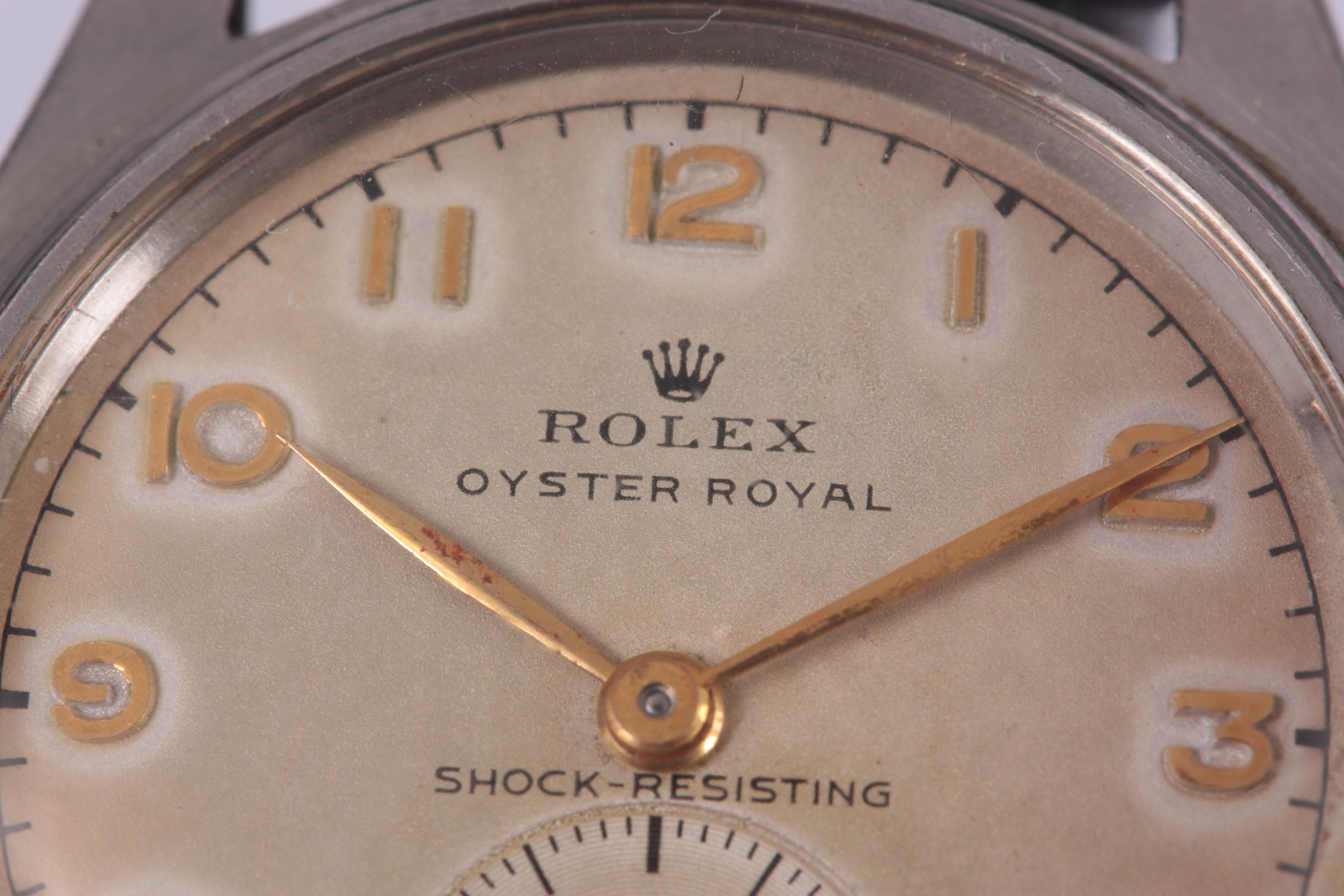 A 1940'S STEEL ROLEX OYSTER-ROYAL WRIST WATCH the steel case numbered ...