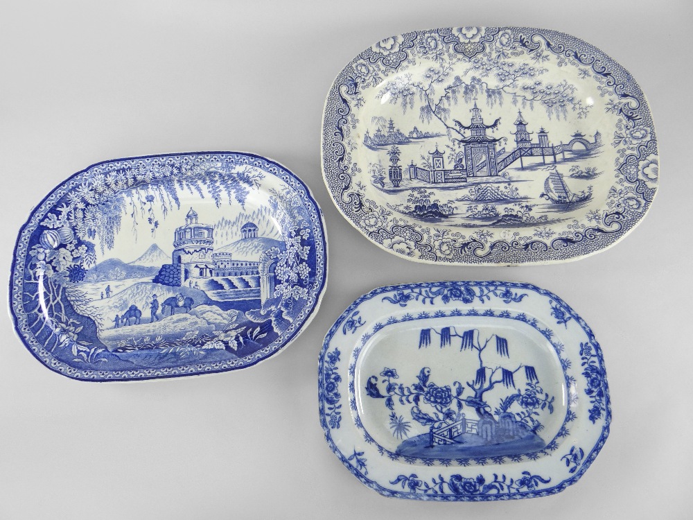 THREE WELSH POTTERY TRANSFER DECORATED PLATTERS comprising Llanelly ...