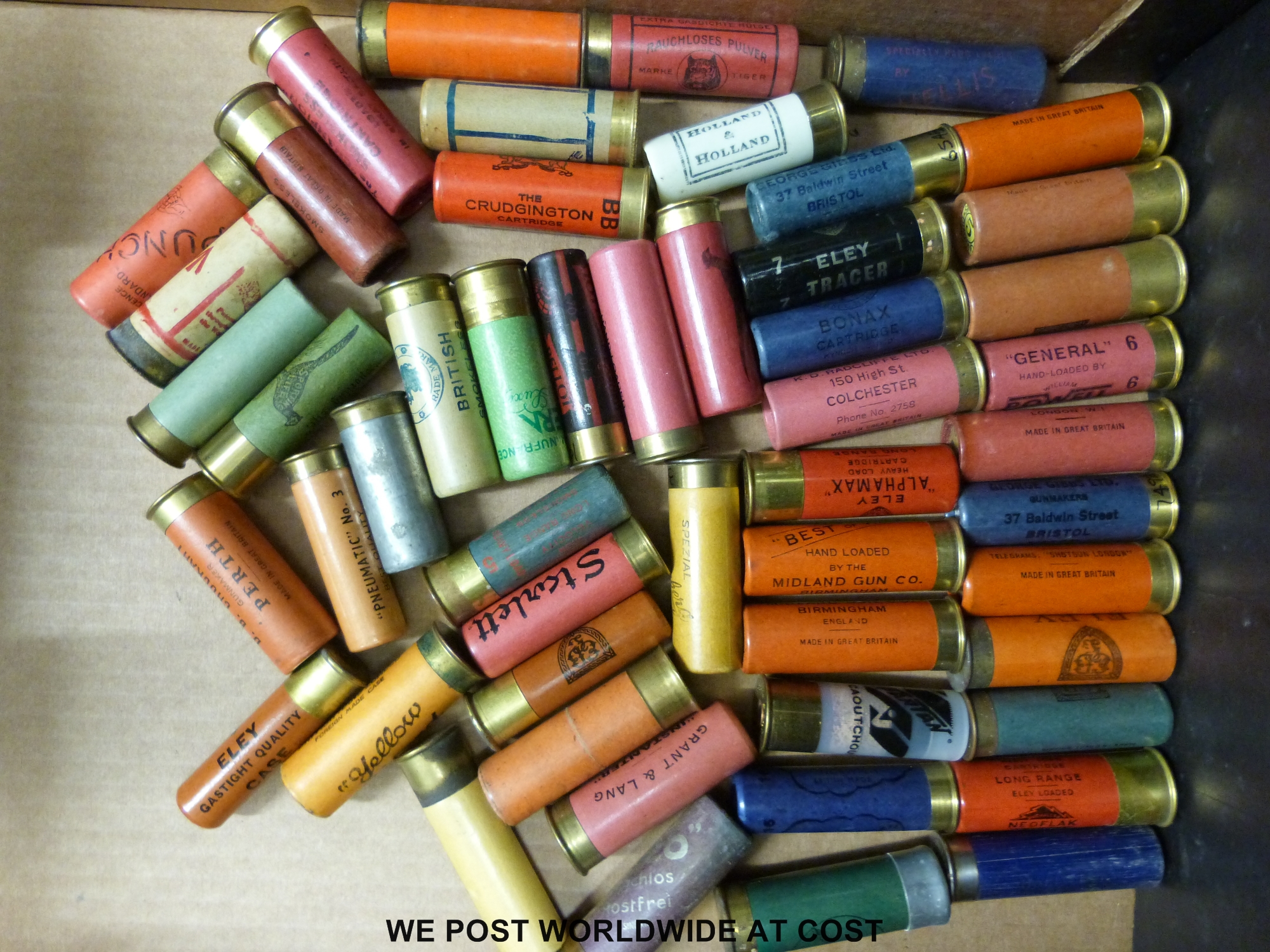 Fifty mainly 12 bore shotgun cartridges by William Evans, George Gibbs ...