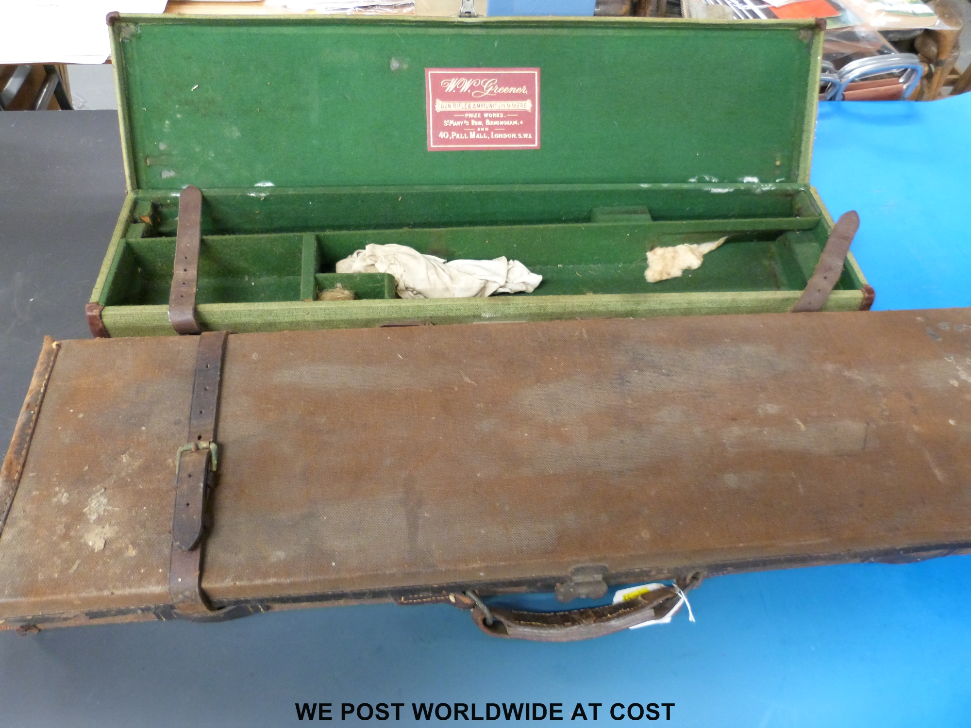 A vintage canvas and leather fitted shotgun case with label W W Greener ...