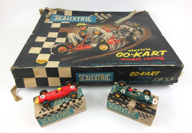 A Scalextric electric Go-Kart model racing kit (Go-Karts missing) along ...