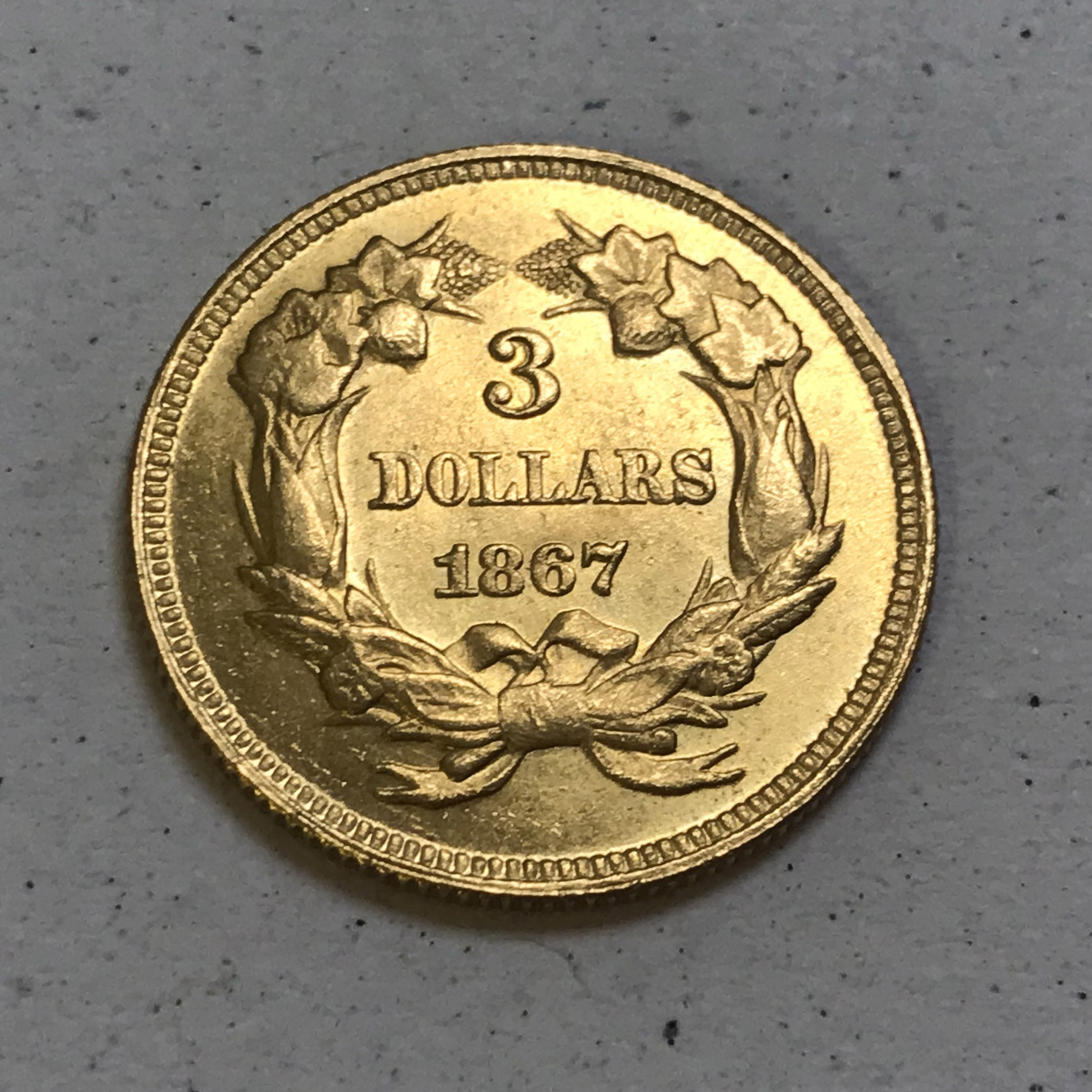 1867 US GOLD 3 DOLLAR COIN