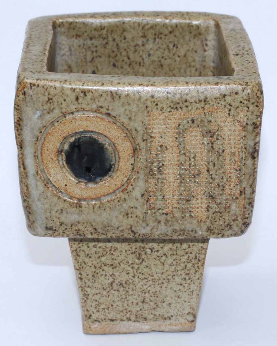 An unusual Troika 'style' pottery vase, the square top with etched ...