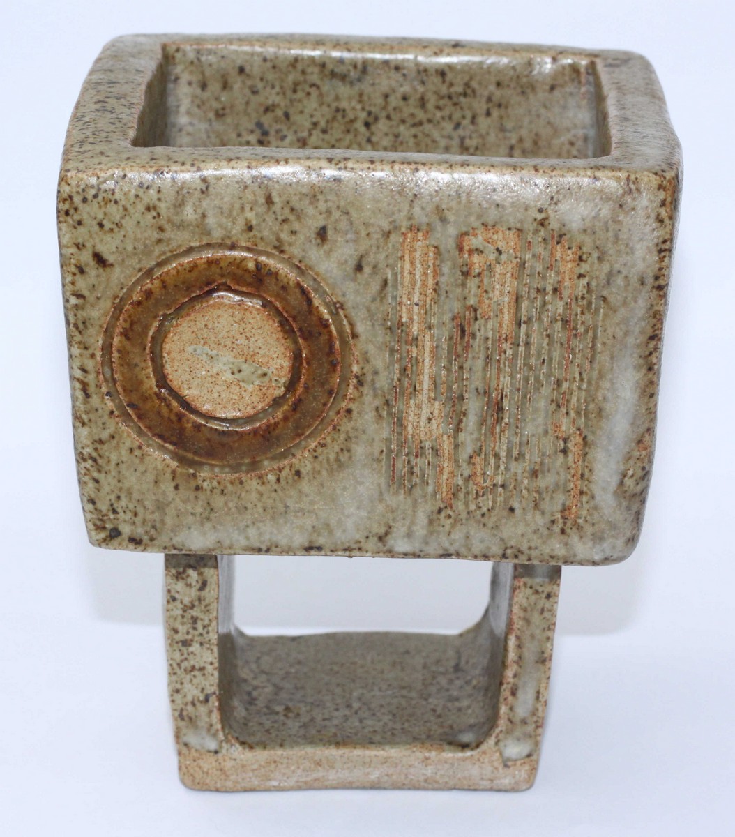 An unusual Troika 'style' pottery vase, the square top with etched ...