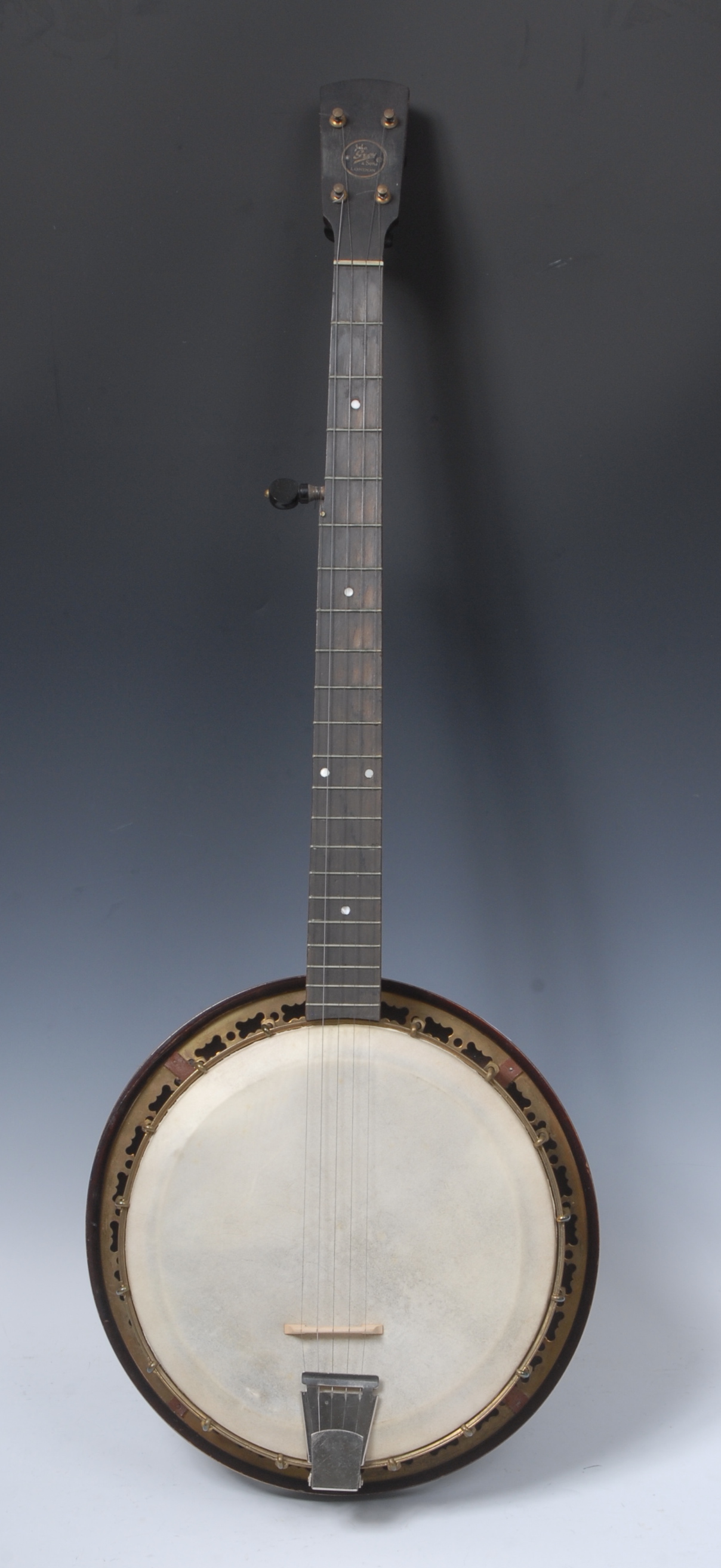 A John Grey & Sons, London, five string banjo, brass frame, cased, c.1930
