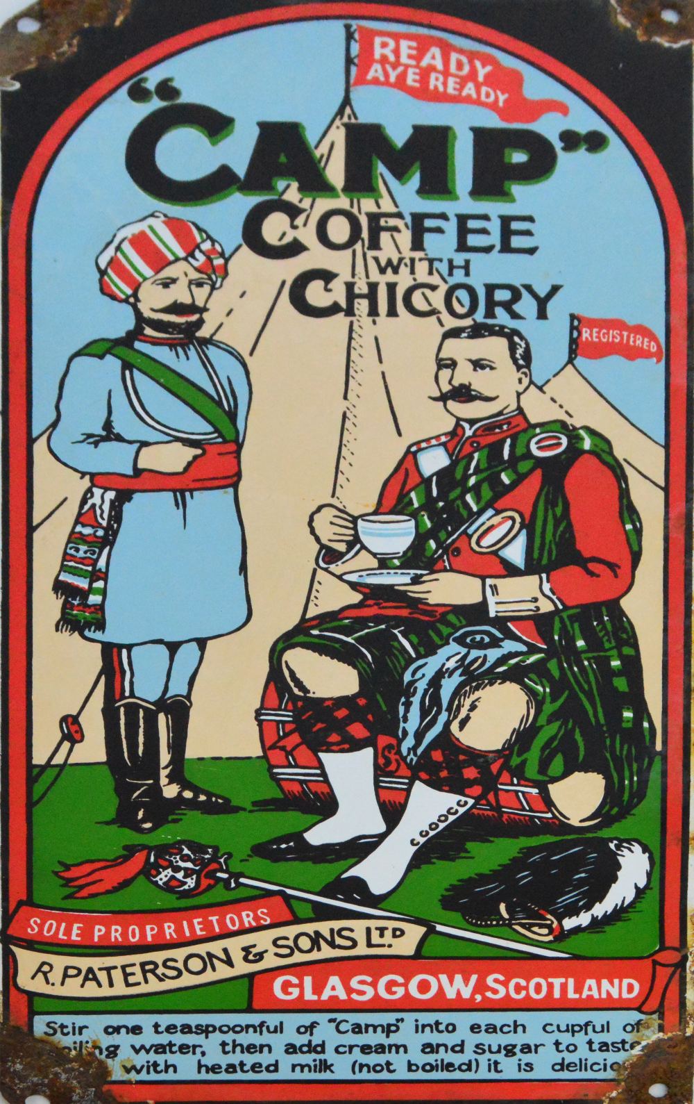 A rare vintage "Camp Coffee with Chicory" polychrome enamel sign, 36 x ...