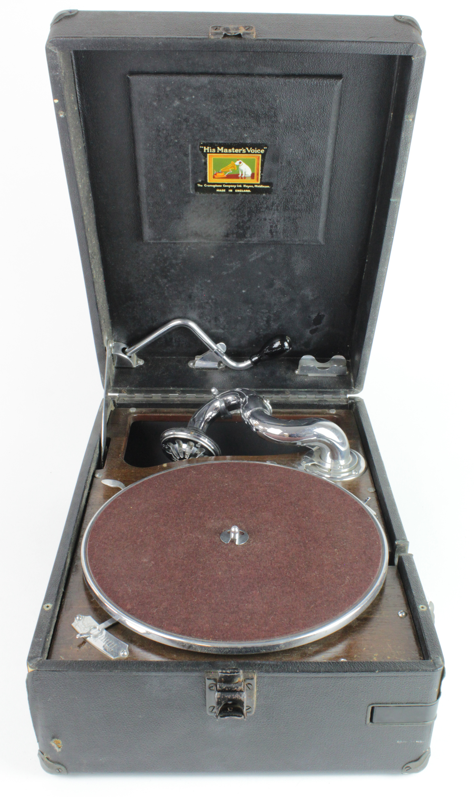 His Masters Voice (HMV) portable gramophone , with crank handle, height ...