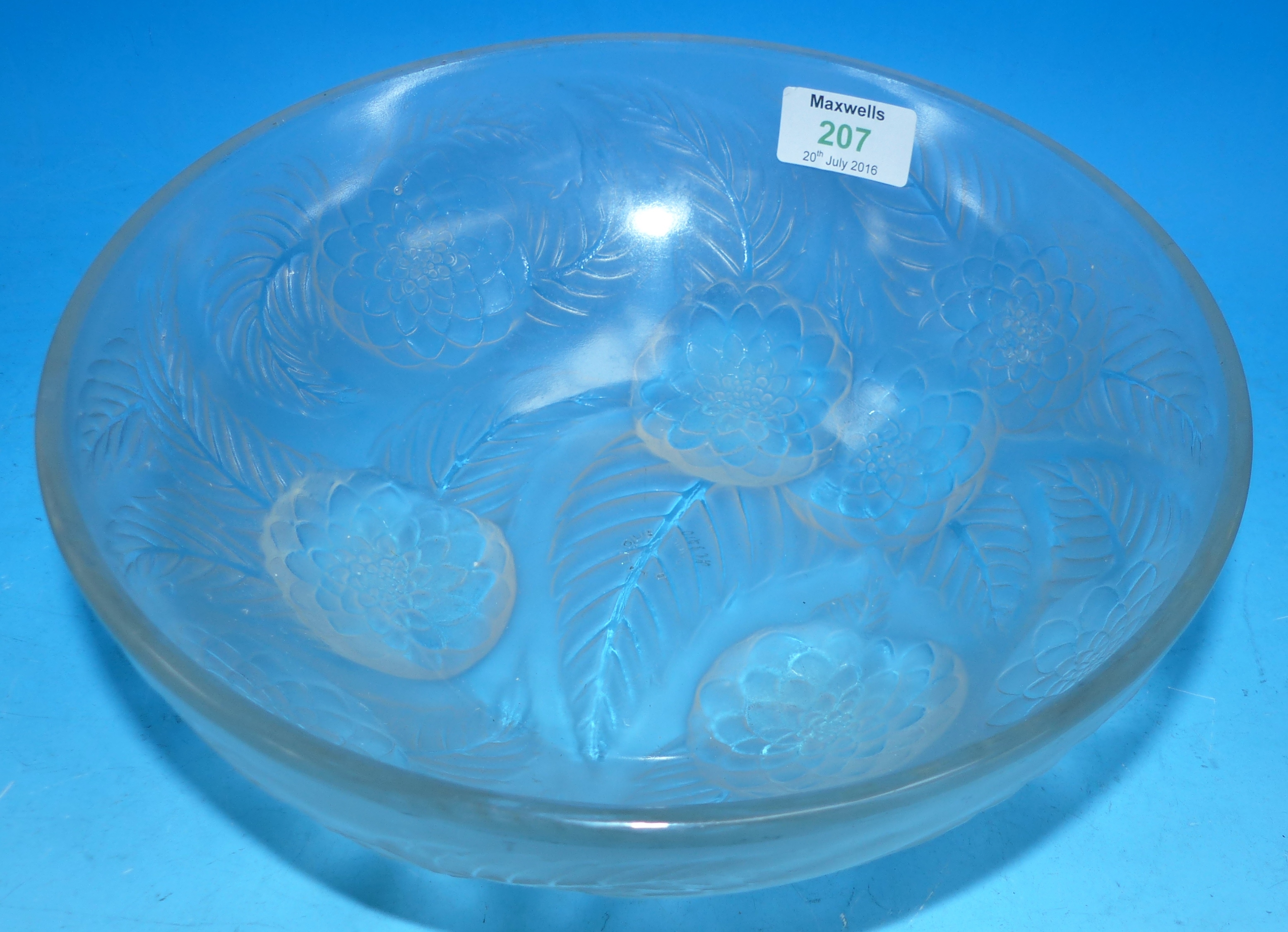 A 1930's Lalique opalescent glass bowl, chrysanthemum flower and leaf ...