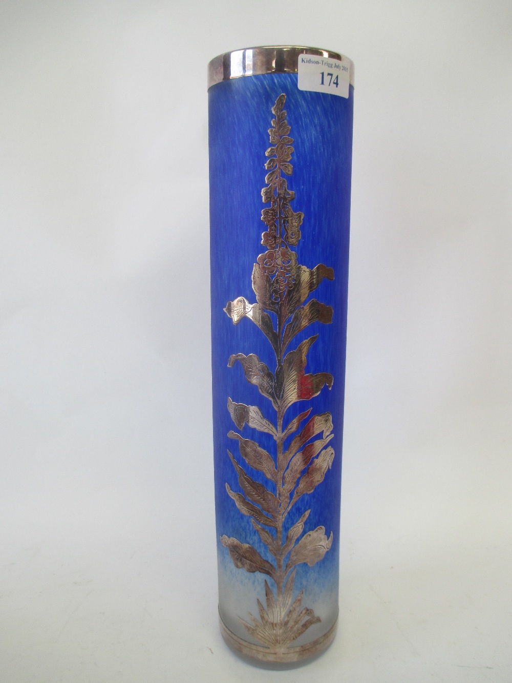 Laugharne blue glass and silver mounted vase, 36cm H