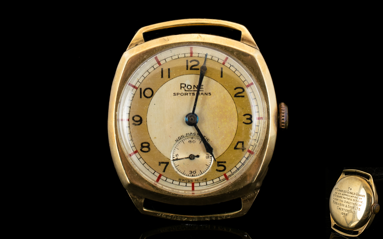 Rone - Sportsman 9ct Gold Cased Mechanical Wrist Watch, Date 1948. 15 ...