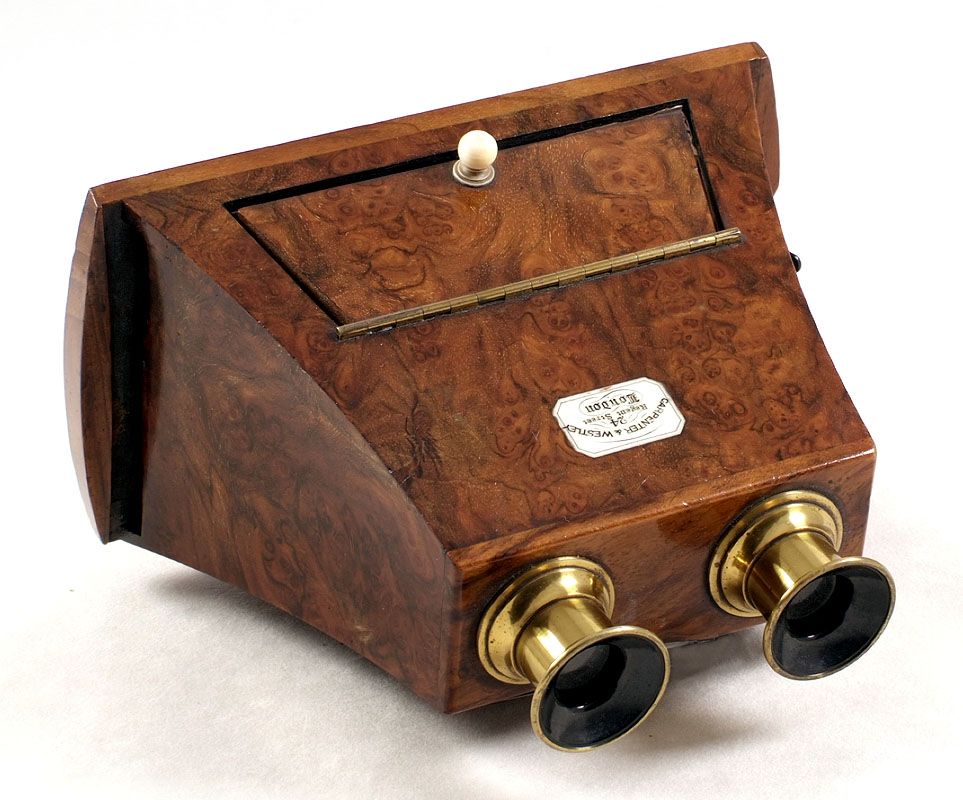 Brewster Stereoscope. A fine burr walnut Brewster style stereo viewer ...