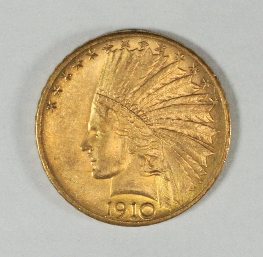 A 1910 Gold Ten Dollar Coin, Indian Head obverse, Eagle Reverse, approx ...