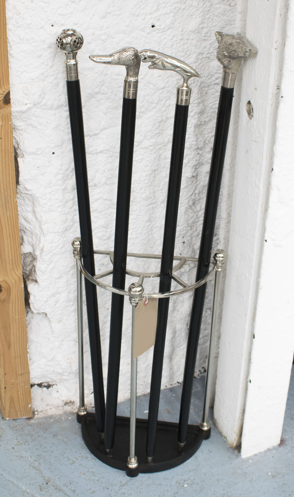 WALKING STICK RACK, in chromed metal, 32cm x 17cm x 51cm H plus four ...