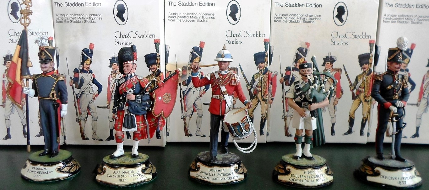A collection of five Charles Stadden pewter hand painted pewter ...