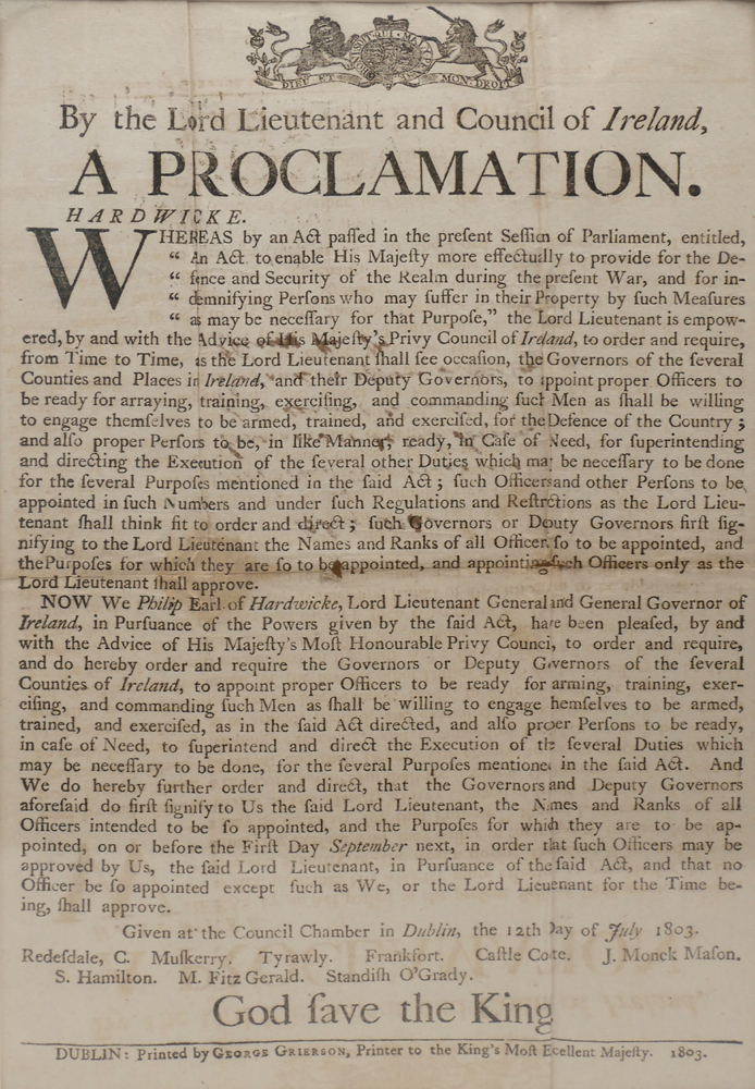 1803 Proclamation by the Lord Lieutenant and Council of Ireland. A ...