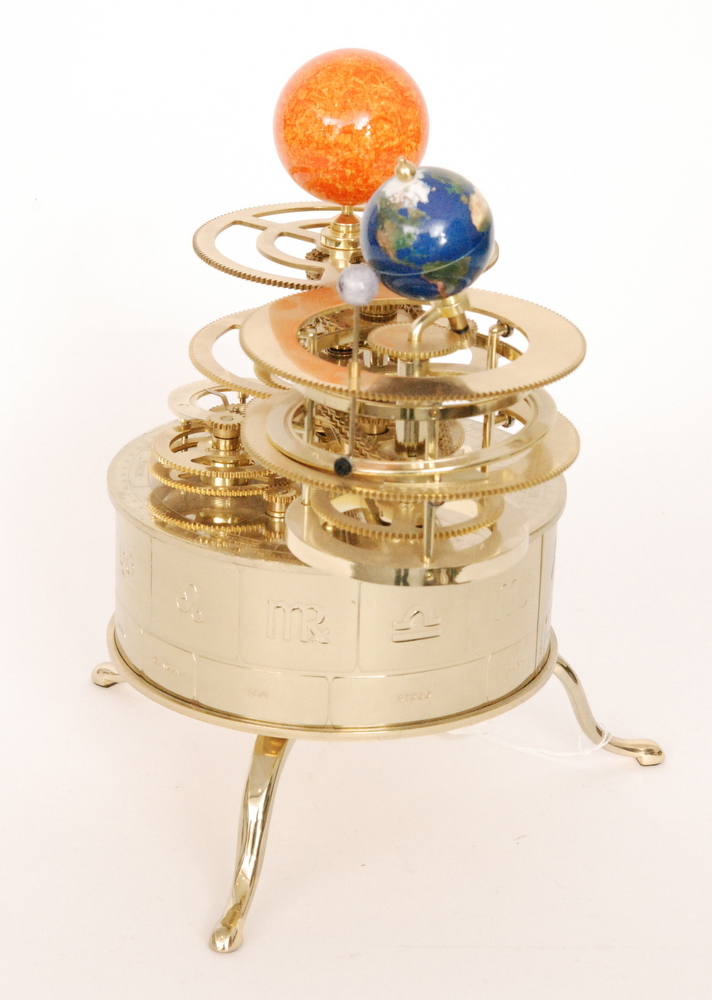 A replica brass three planet Orrery clock with chain driven mechanism ...