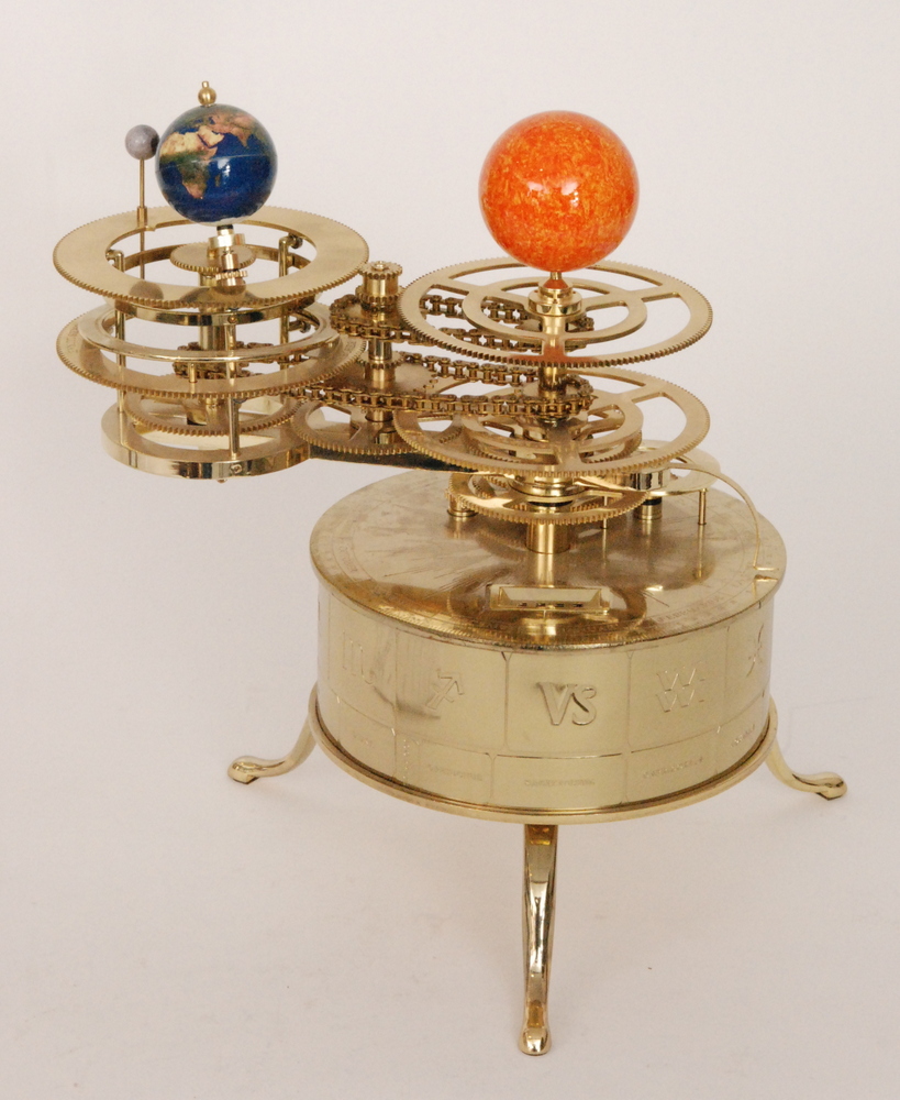 A replica brass three planet Orrery clock with chain driven mechanism ...