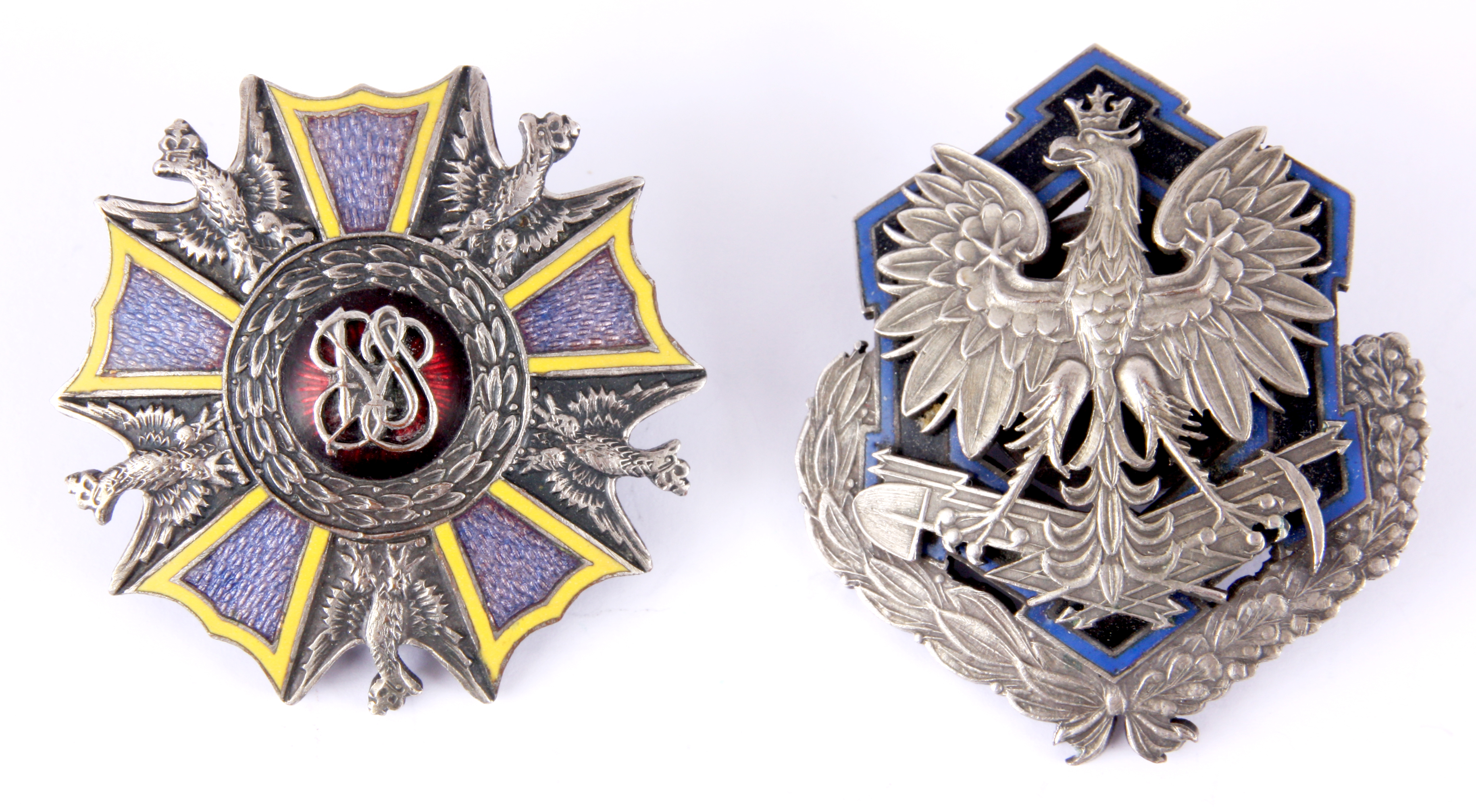 TWO SILVER AND ENAMEL POLISH REGIMENTAL BADGES with eagle decoration