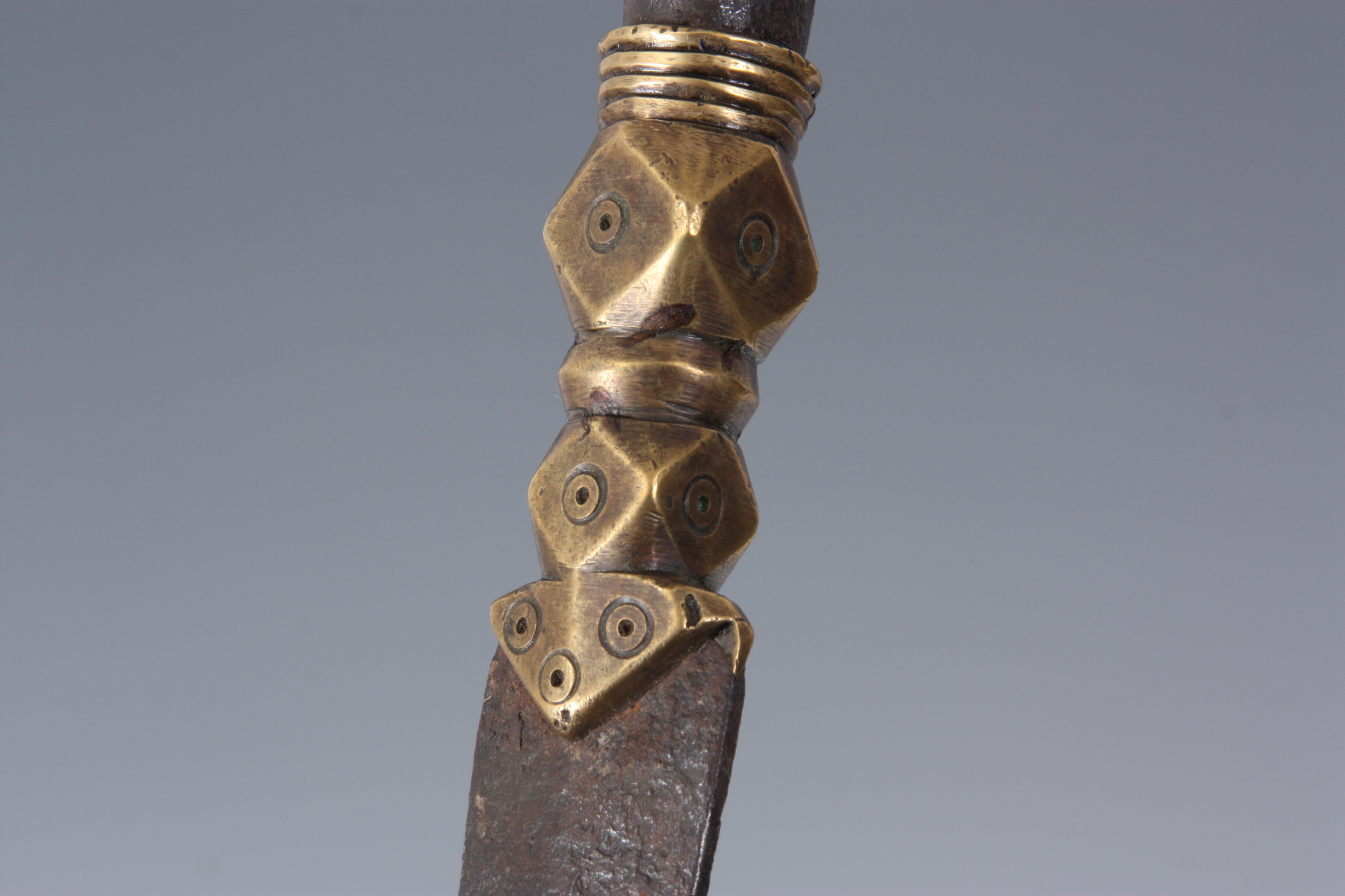 A CHINESE QUING DYNASTY PIKE HEAD with brass collar and an early axe ...