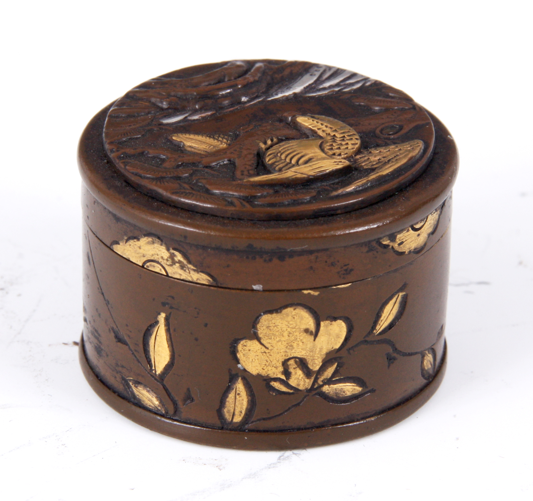 A SMALL MEIJI PERIOD JAPANESE BRONZE PILL BOX with gold and silver ...
